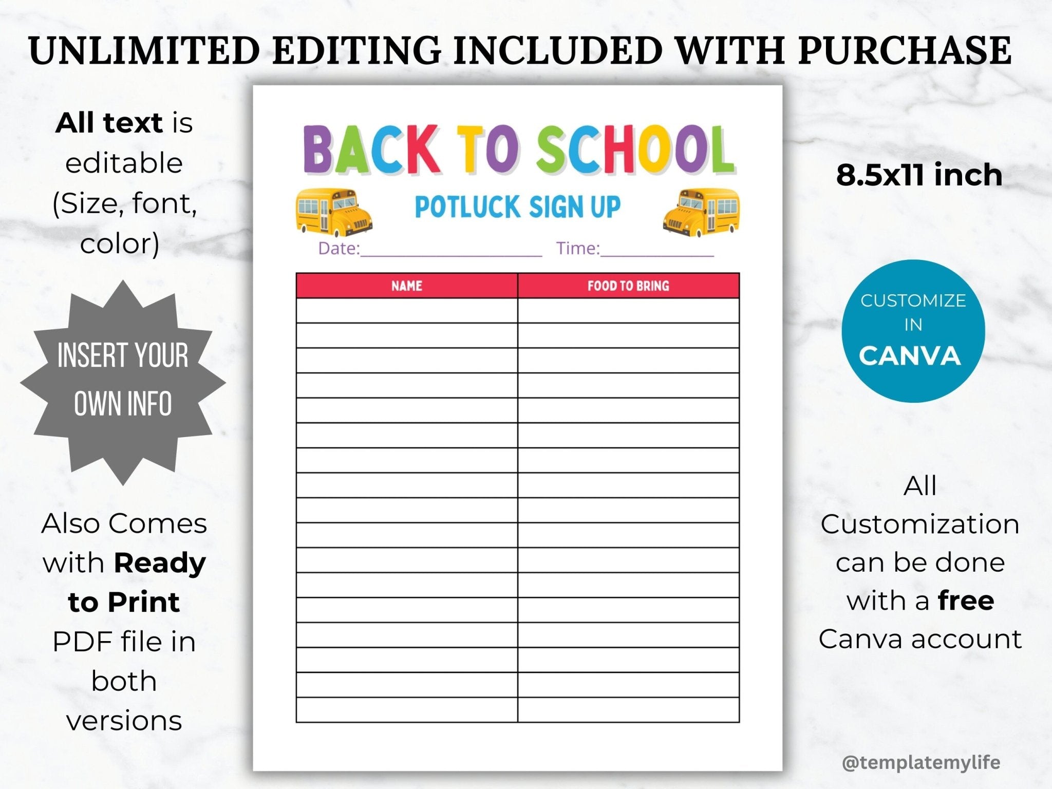 Back to School Potluck Sign Up Sheet Template – Template My Life | TML ...