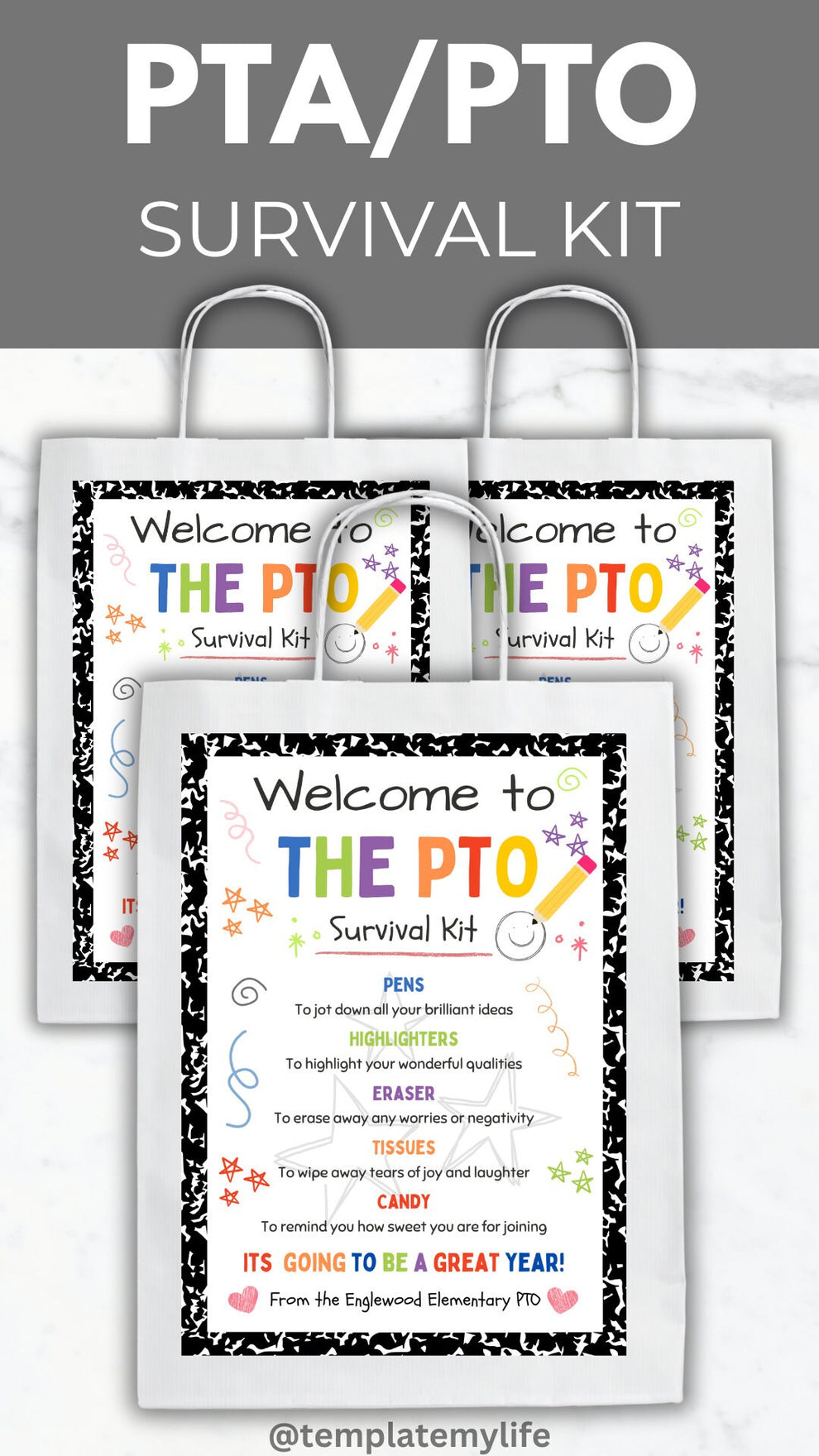 PTO Survival Kit Gift Bag Template - Printable Welcome Gift for Members ...
