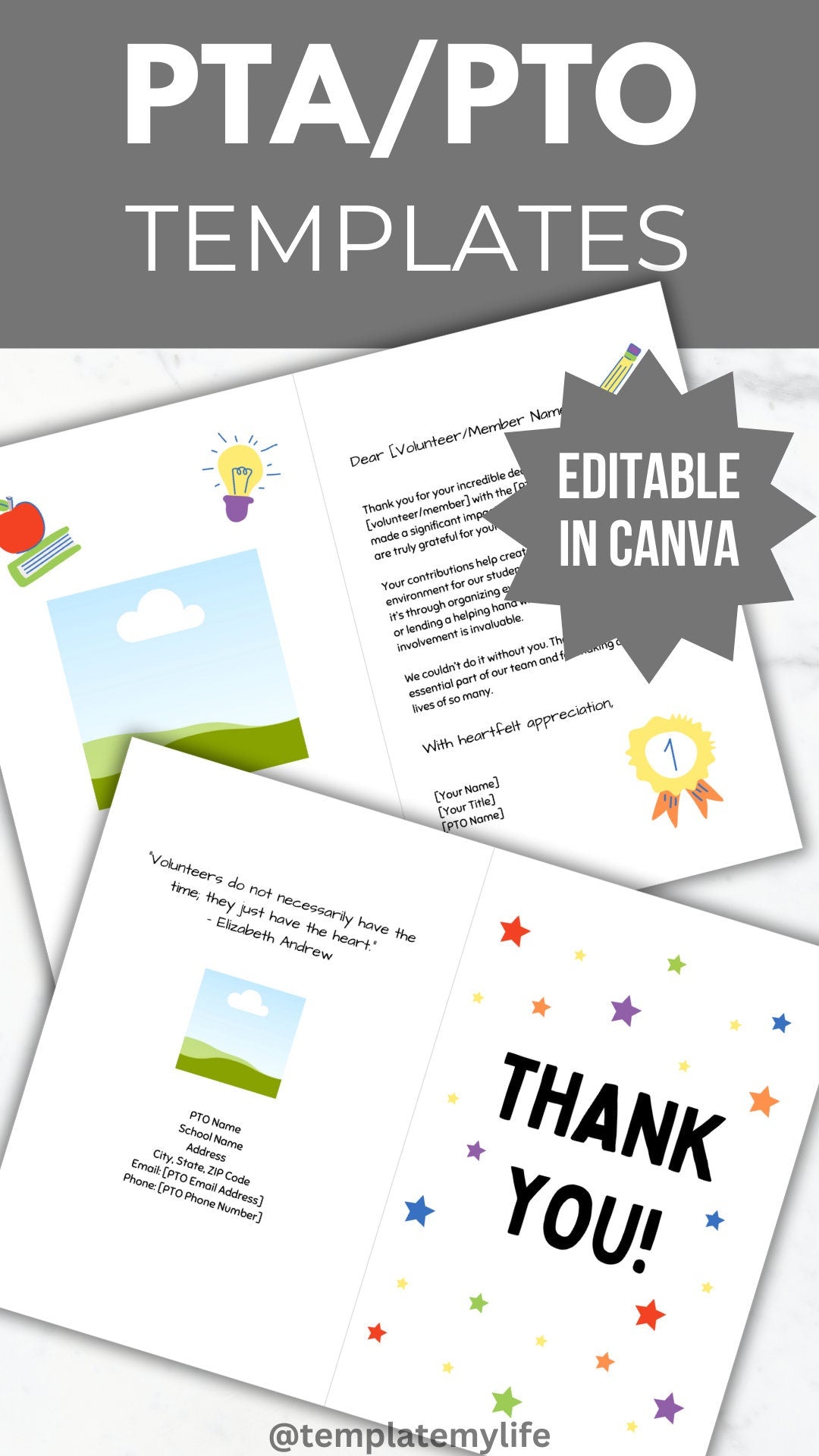 PTO PTA Volunteer and Member Thank You Card Template – Template My Life ...