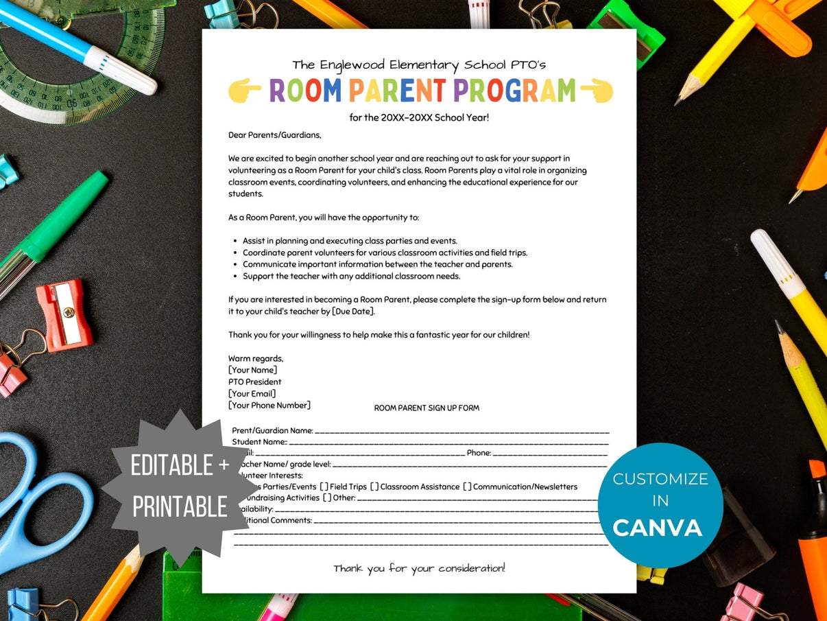 PTO Room Parent Sign-Up Flyer Template - School Volunteer Form ...