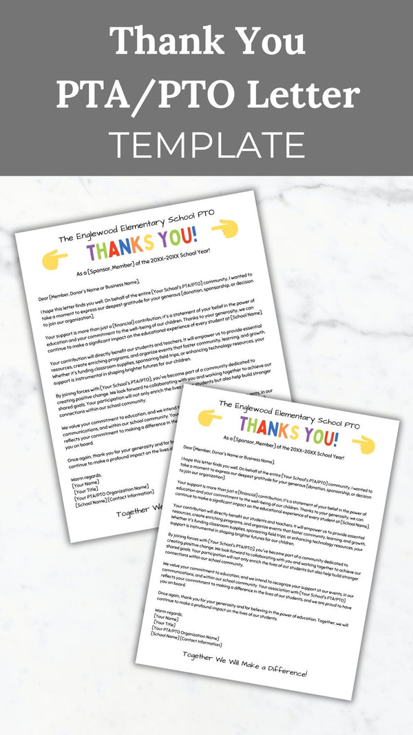 PTO Sponsor Thank You Letter Editable Template - Show Appreciation ...