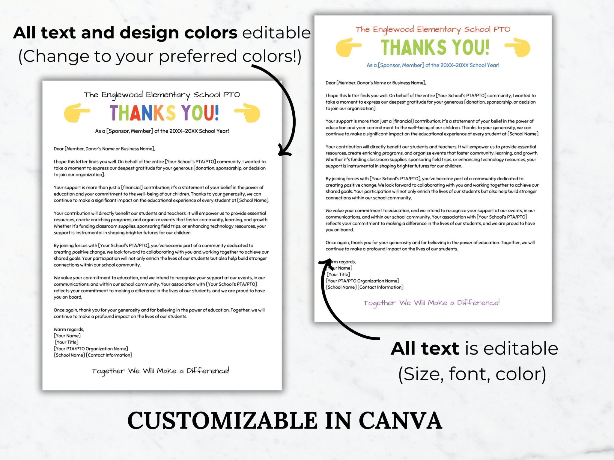 PTO Sponsor Thank You Letter Editable Template - Show Appreciation ...