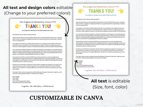 PTO Sponsor Thank You Letter Editable Template - Show Appreciation ...