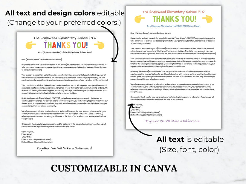 PTO Sponsor Thank You Letter Editable Template - Show Appreciation ...