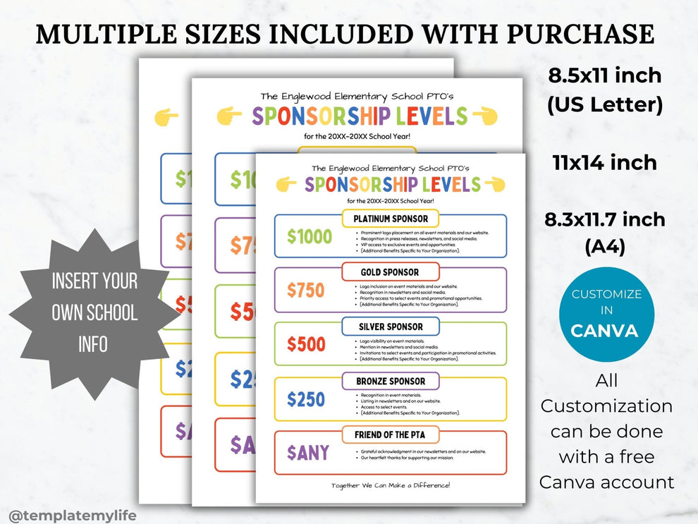 Sponsorship Level Flyer Editable Template- PTO & Schools Organizations ...
