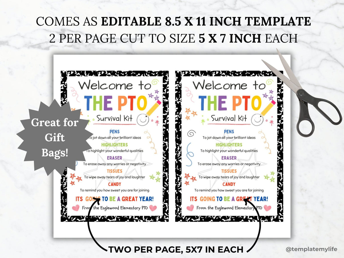 PTO Survival Kit Gift Bag Template - Printable Welcome Gift for Members ...