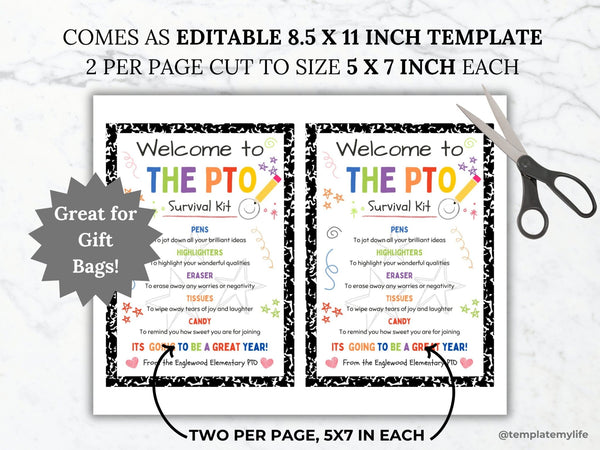 PTO Survival Kit Gift Bag Template - Printable Welcome Gift for Members ...