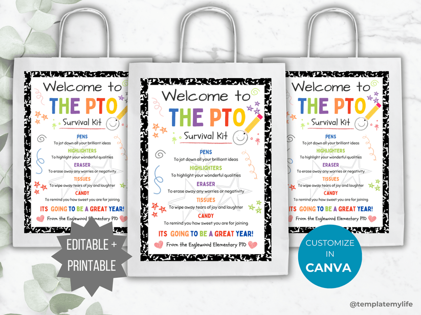 PTO Survival Kit Gift Bag Template - Printable Welcome Gift for Members ...