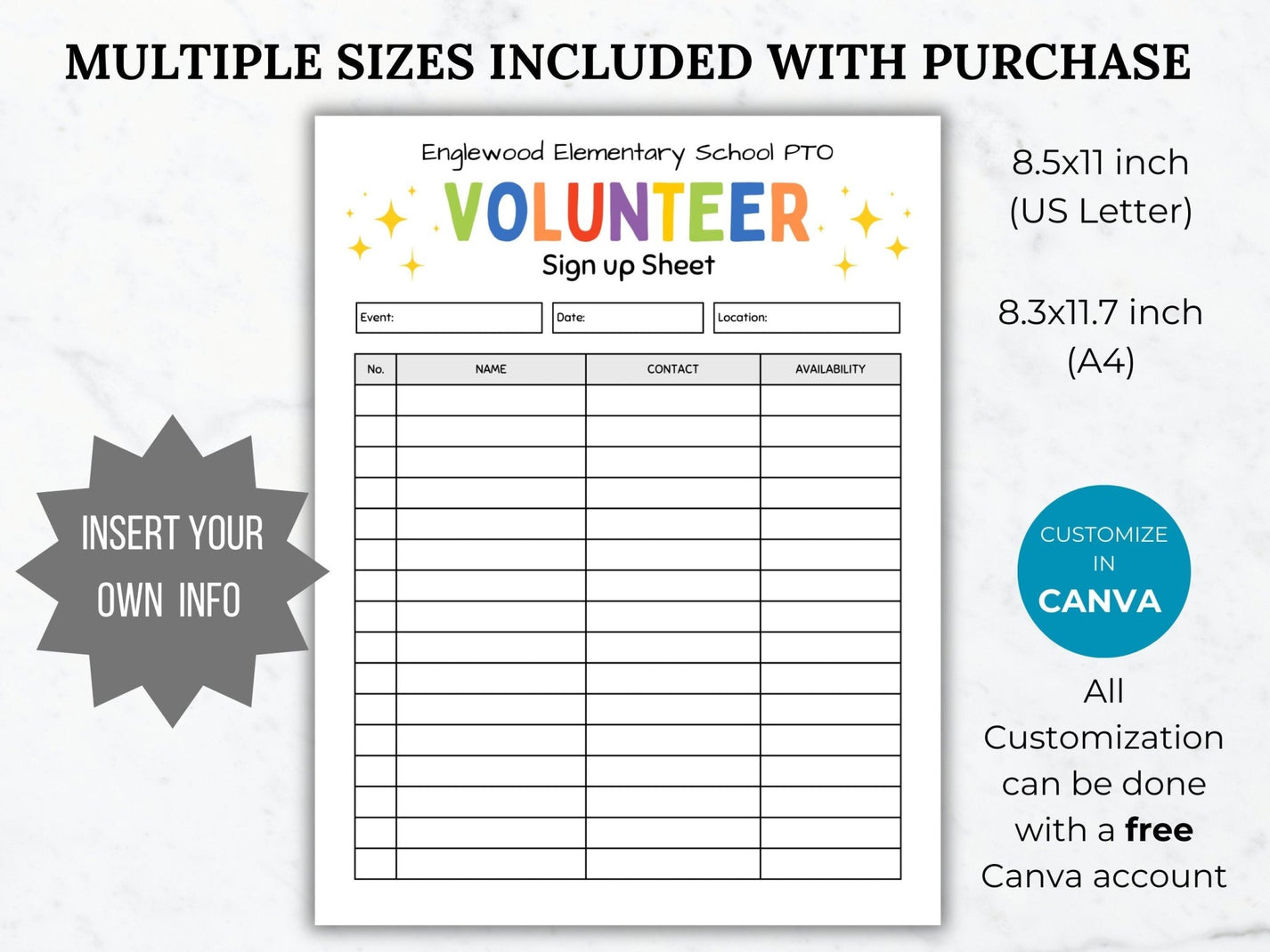 PTO Volunteer Sign-Up Sheet Template - Efficient School Coordination ...
