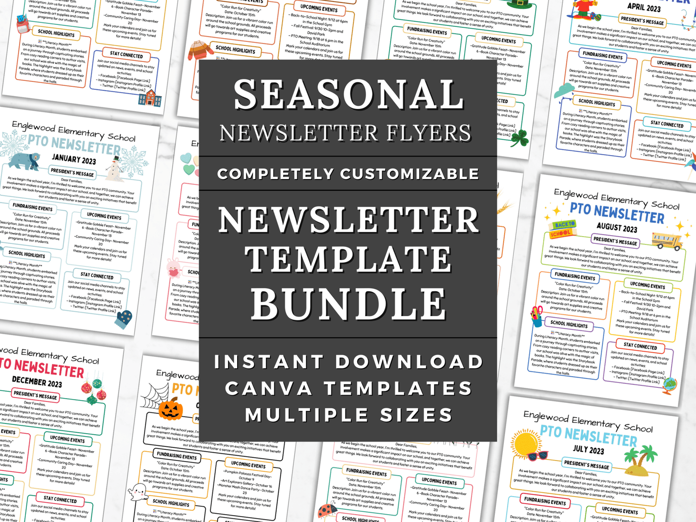 PTO/PTA Newsletter Template Bundle - Newsletter Design for Seasonal ...