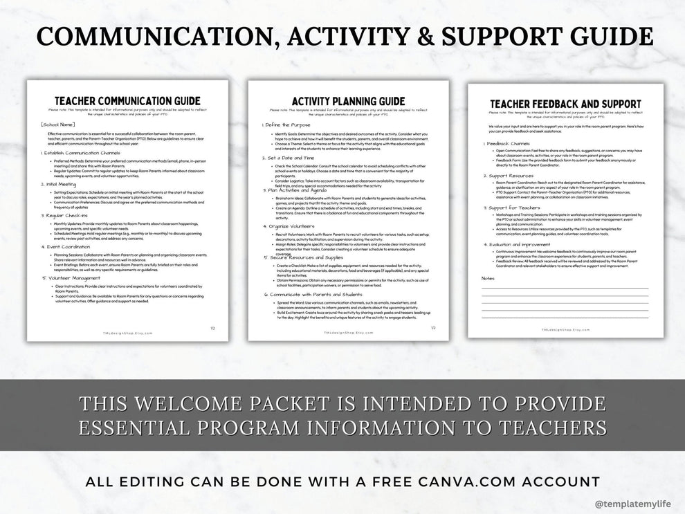 PTO/PTA Room Parent Welcome Packet for Teachers Editable Template ...