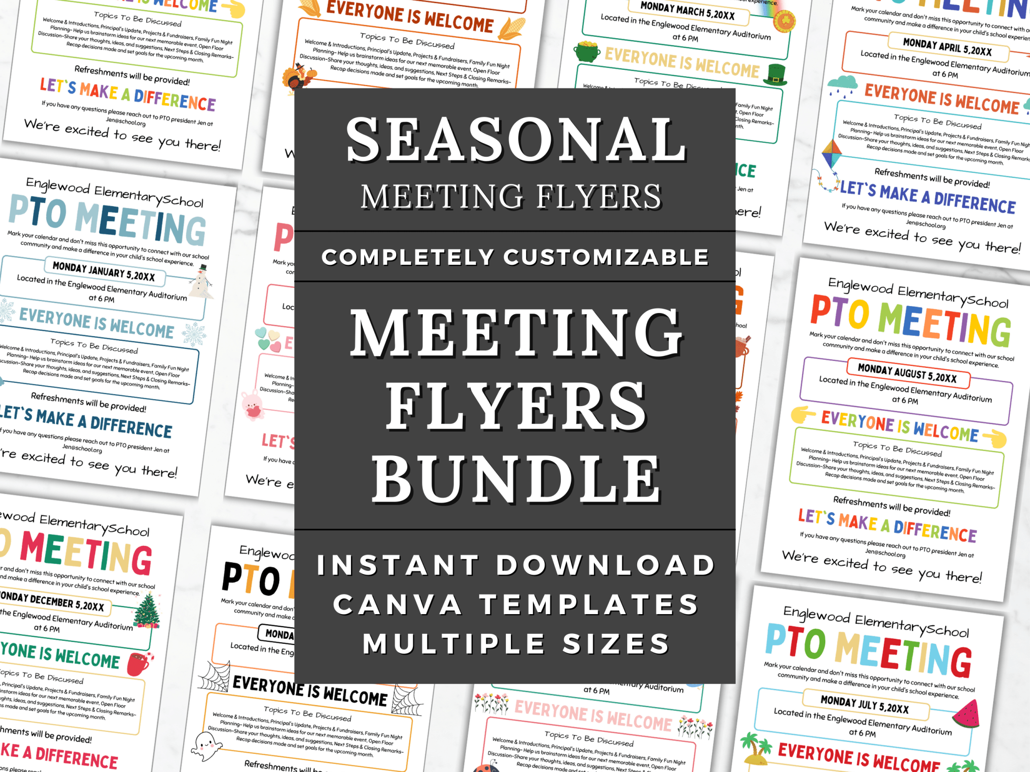 Seasonal PTA/PTO Meeting Flyer Template Bundle - Year-Round Engagement ...
