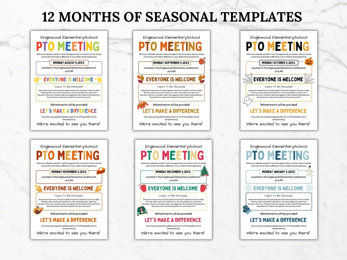 Seasonal PTA/PTO Meeting Flyer Template Bundle - Year-Round Engagement ...