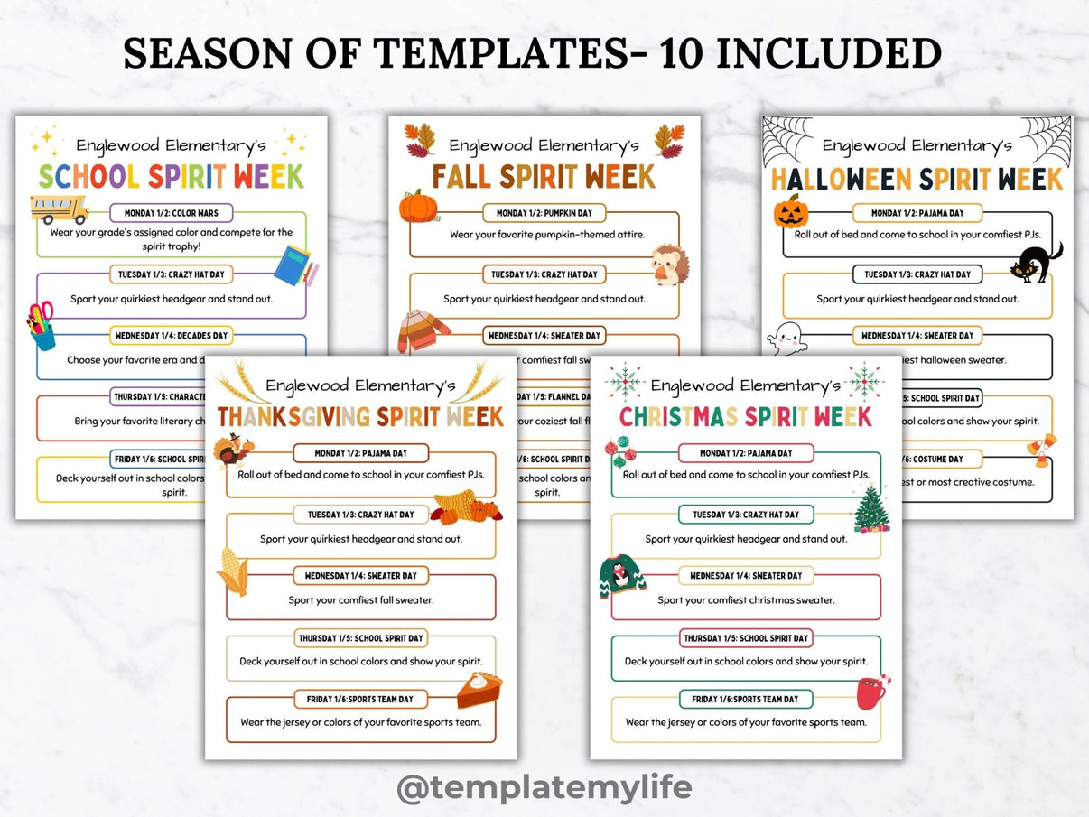Seasonal Spirit Week Flyers Editable Template Bundle – Template My Life ...