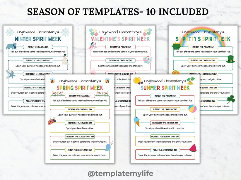 Seasonal Spirit Week Flyers Editable Template Bundle – Template My Life ...