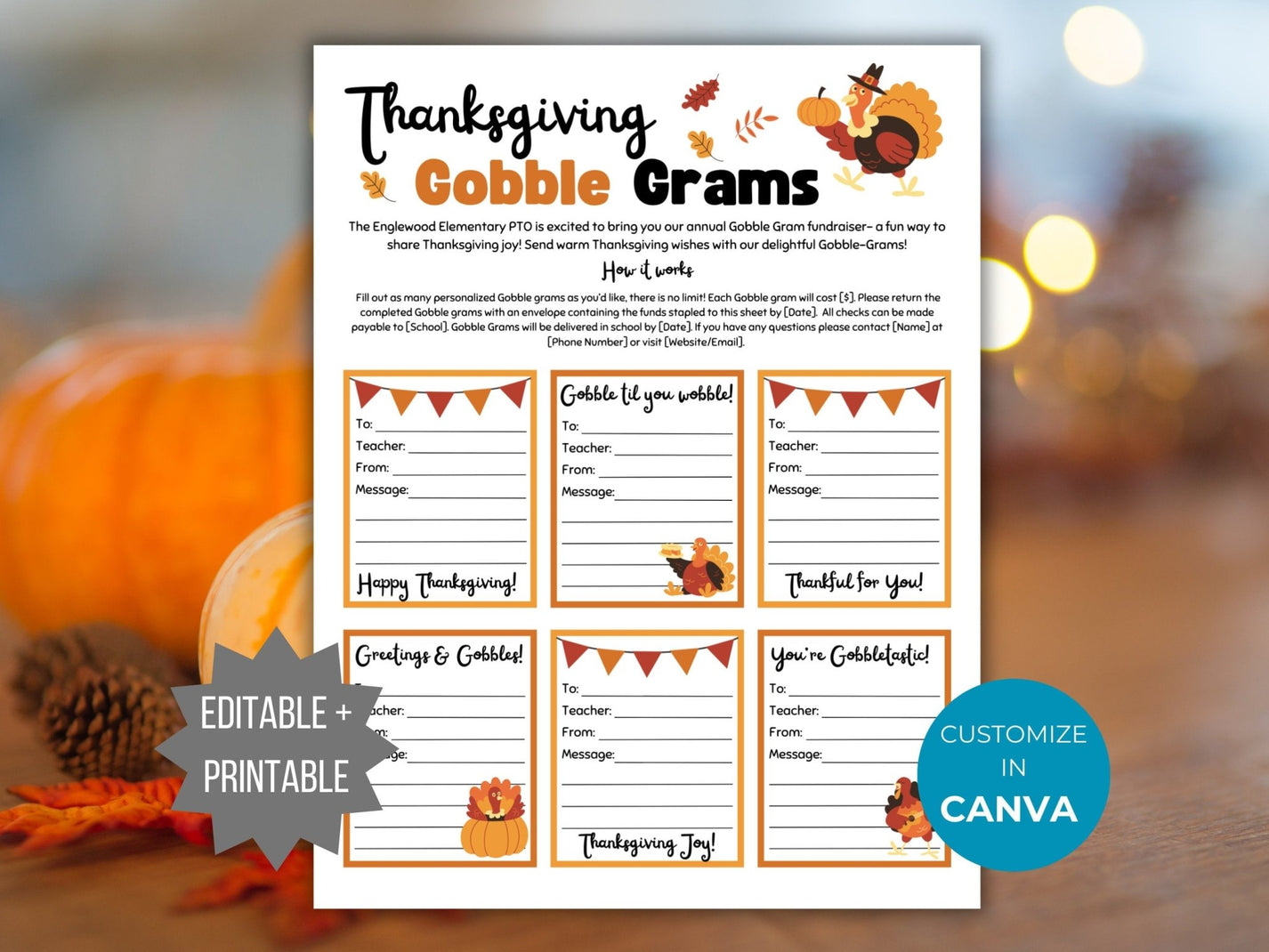 Thanksgiving Gobble Gram Flyer Template Turkey Gram Printable ...
