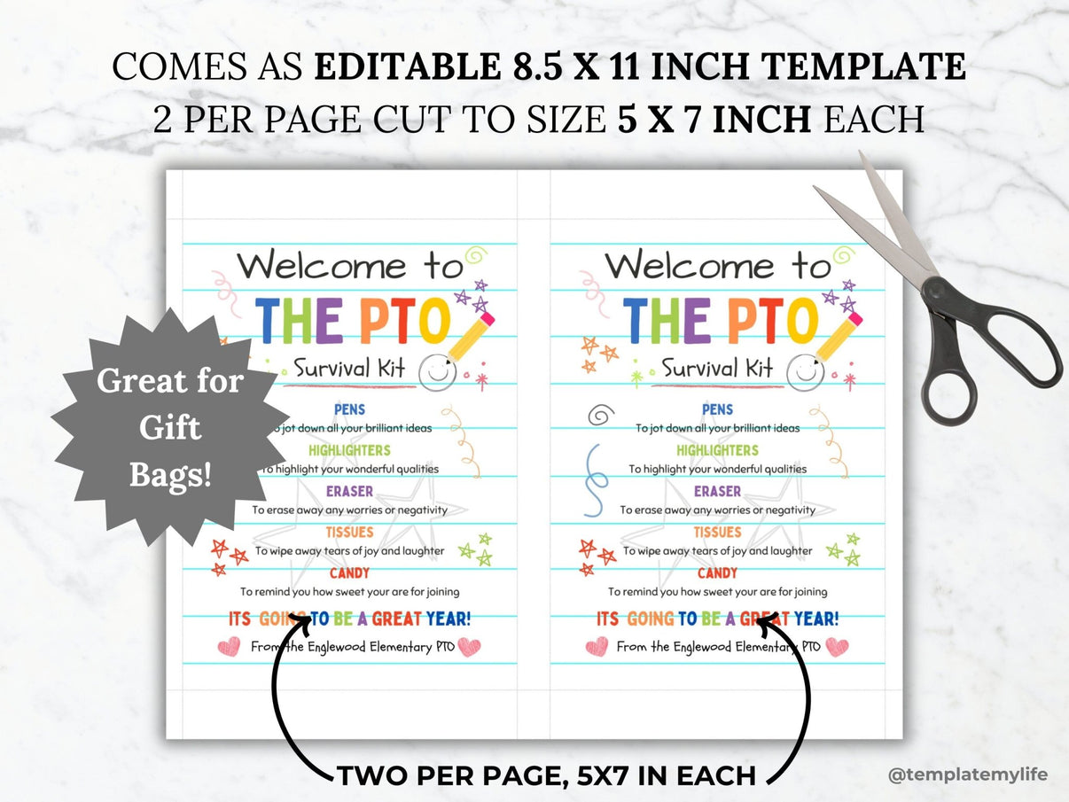 PTO Survival Kit Editable Template - Great Gift to Welcome Members ...
